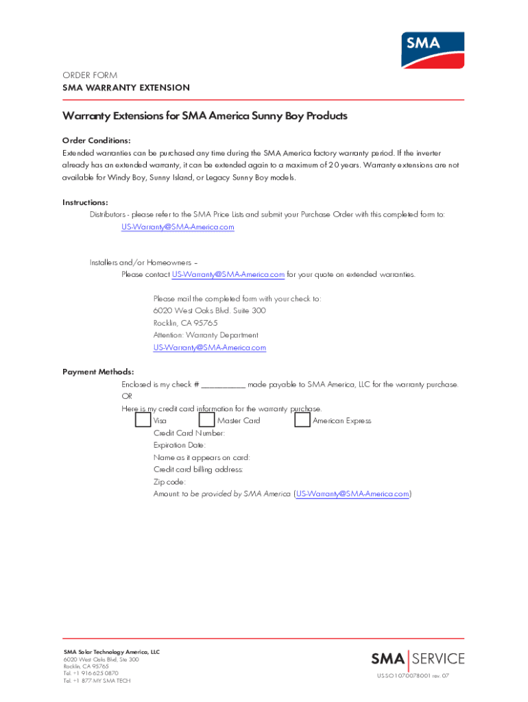 Fillable Online order form SMA activity code for extended warranty Fax ...