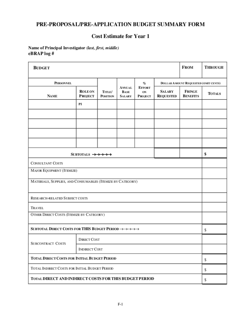 Fillable Online PRE-PROPOSAL/PRE-APPLICATION BUDGET SUMMARY FORM ...
