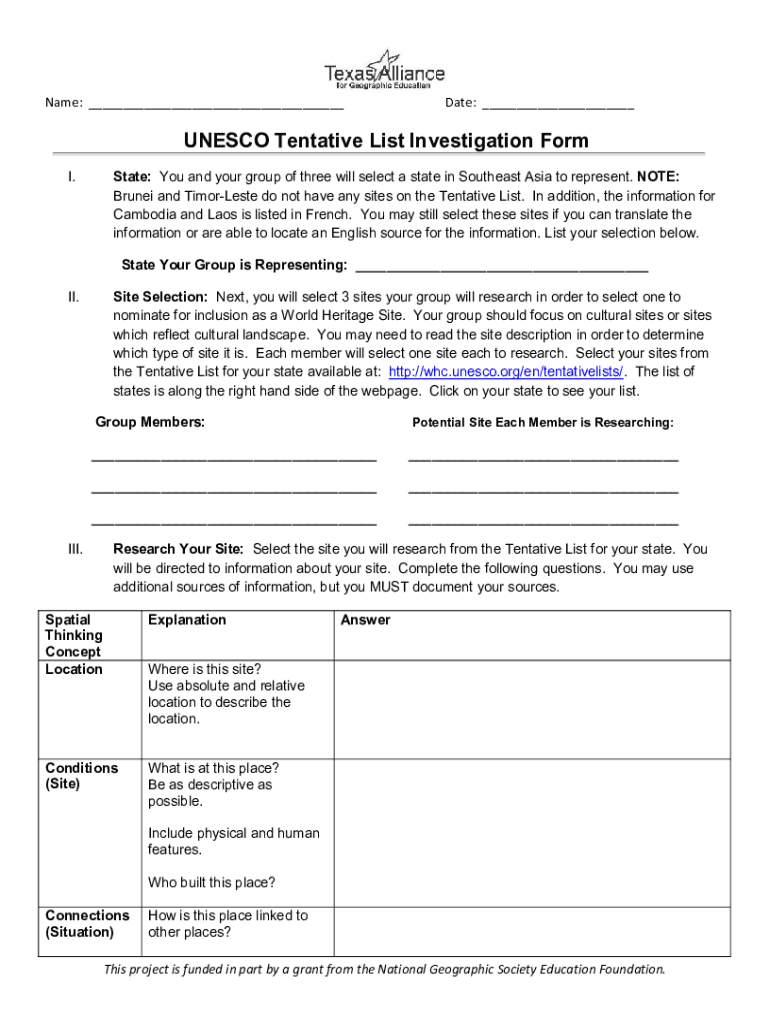 Fillable Online UNESCO Tentative List Investigation Form Fax Email ...