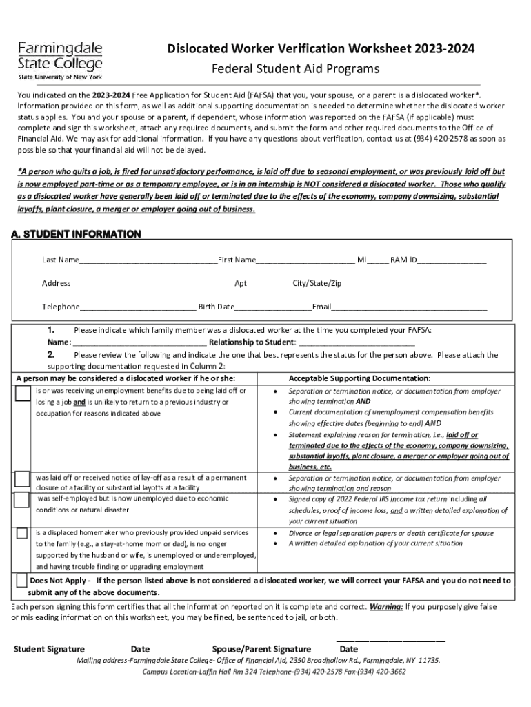 Fillable Online 202324 Dislocated Worker Verification Worksheet Fax Email Print - pdfFiller