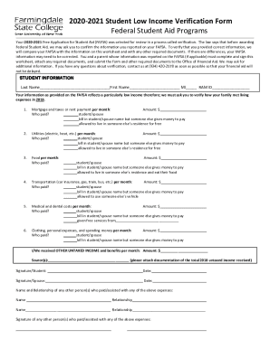Fillable Online 2020-2021 Student Low Income Verification Form Federal ...