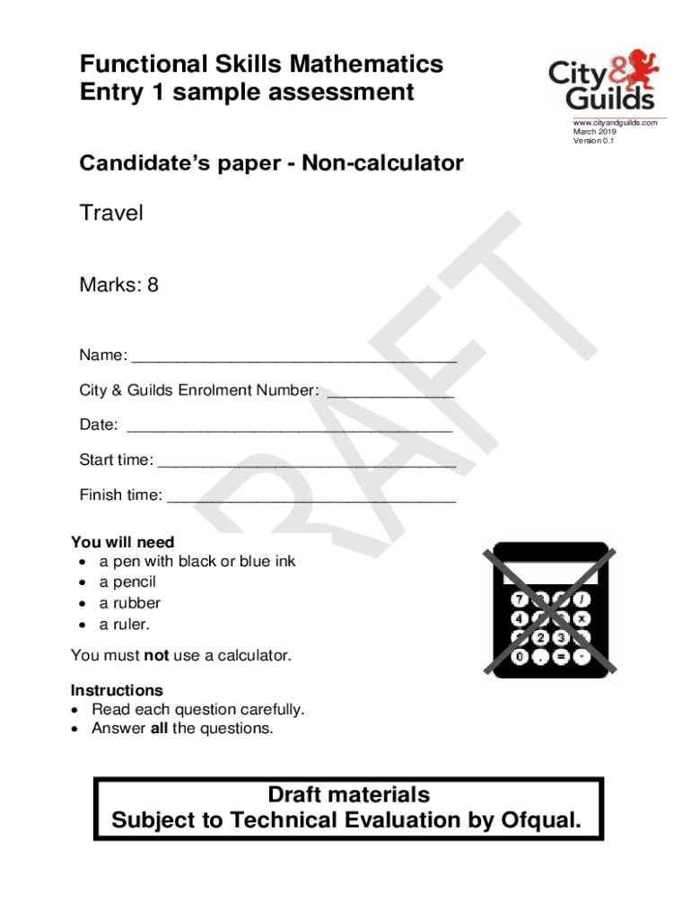 Fillable Online Functional Skills Mathematics Entry 1 sample assessment ...