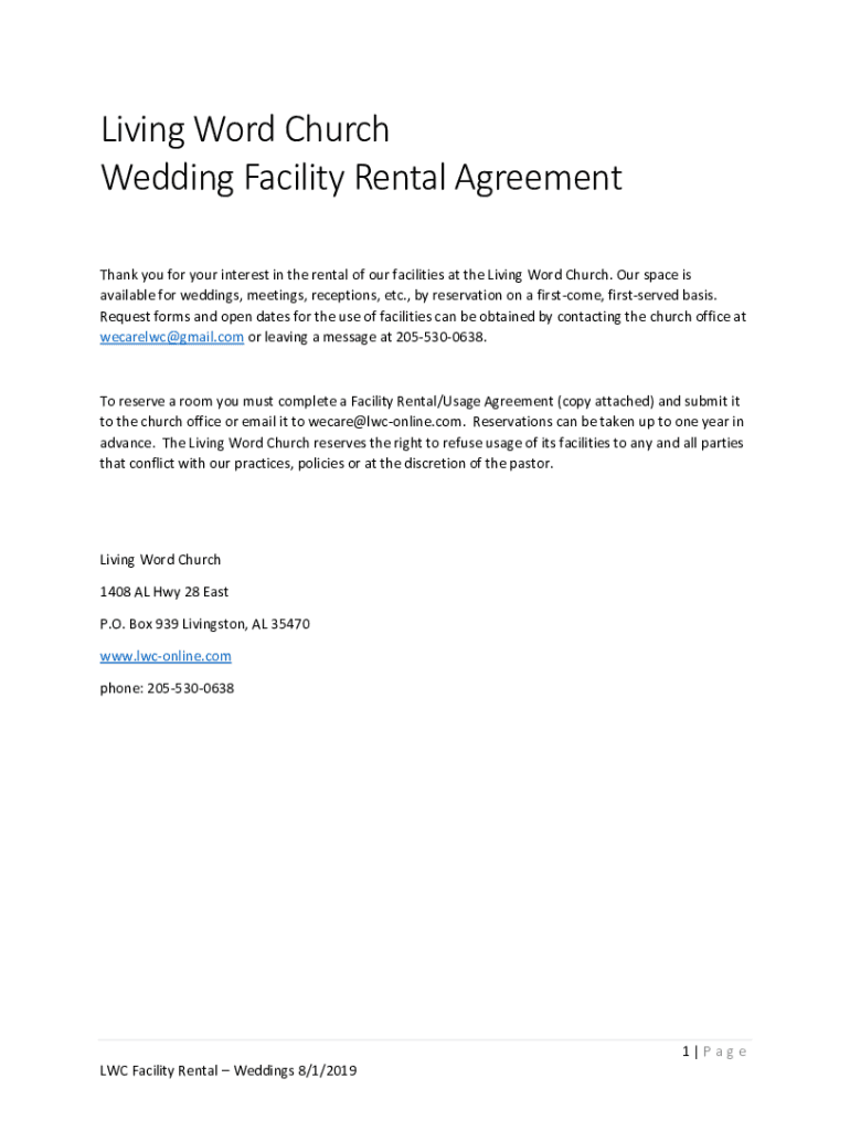 Fillable Online Living Word Church Wedding Facility Rental Agreement ...