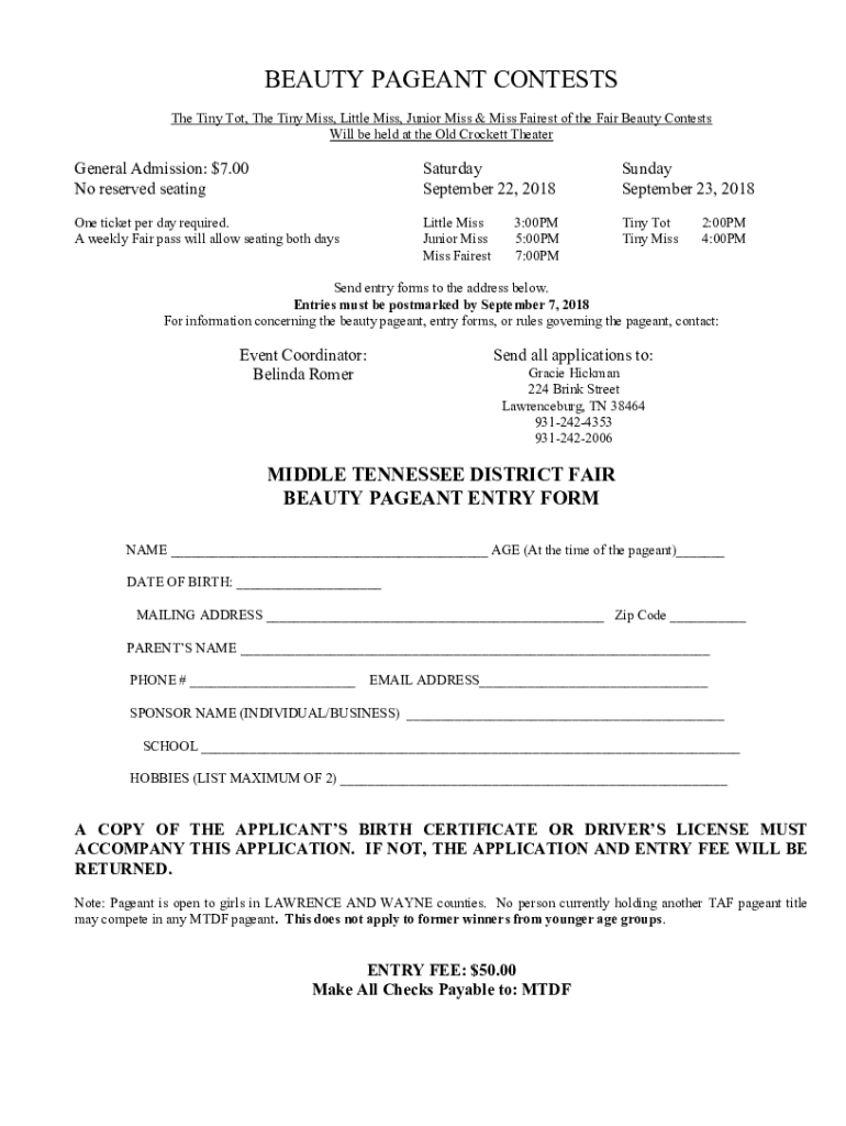 Fillable Online Tiny Miss, Little Miss and Young Miss Beauty Pageant ...