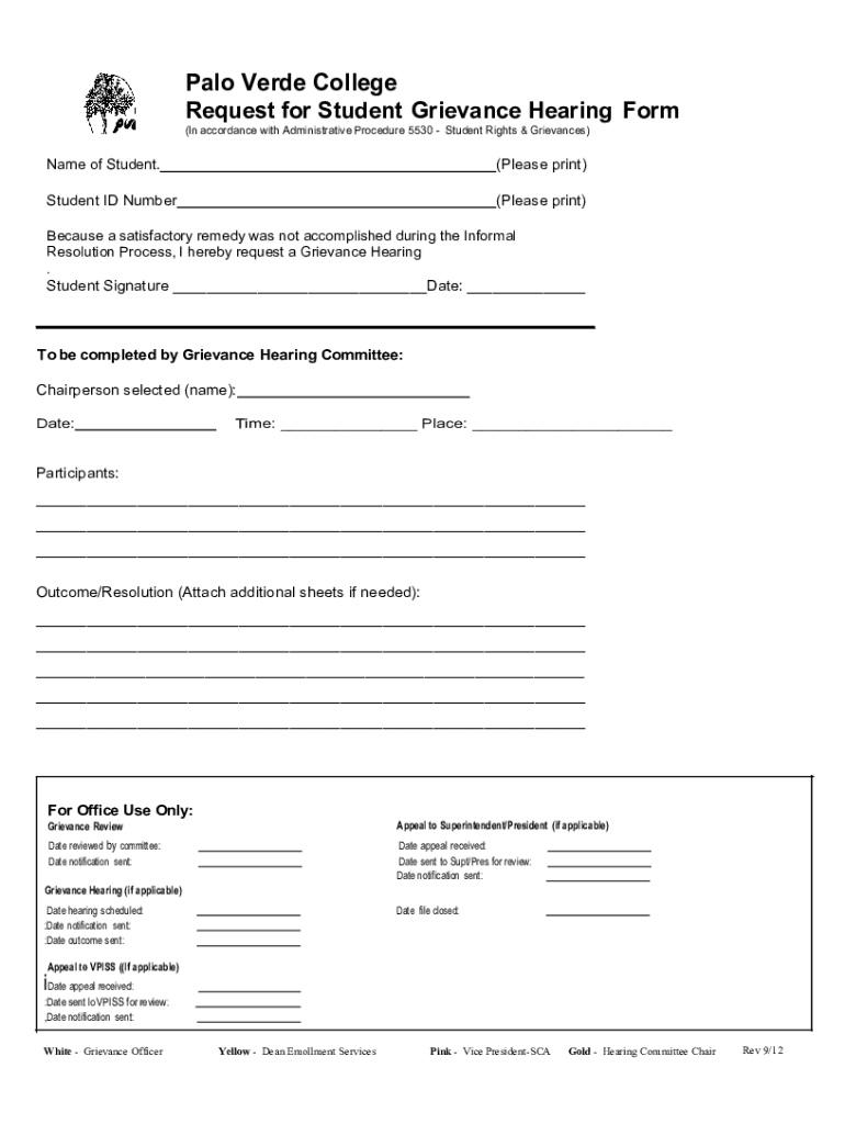 Fillable Online Request for Student Grievance Hearing Form Fax Email ...