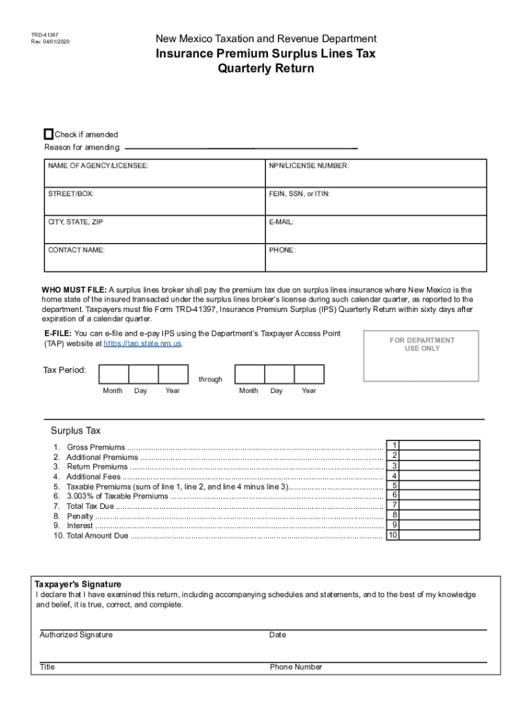 Fillable Online Insurance Premium Surplus Lines Tax Quarterly Return ...