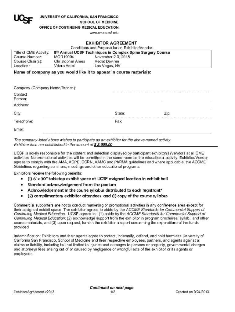 Fillable Online (1) 6' x 30 tabletop exhibit space at UCSF assigned location ... Fax Email Print ...