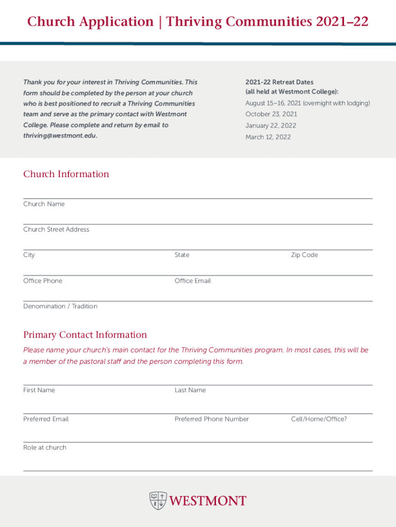 Fillable Online Church Application Thriving Communities 202122 Fax Email Print - pdfFiller