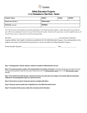 Fillable Online Gifted Education Program - '21-22 Permission to Test ...