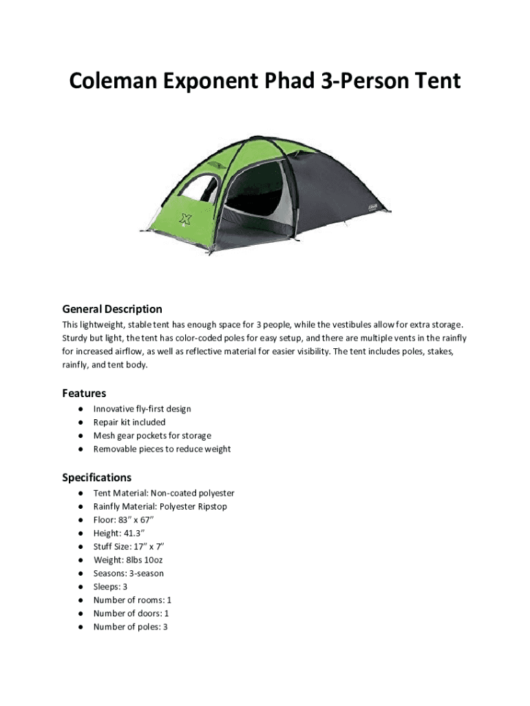 Fillable Online Coleman Exponent Bristol 3-Person Dome Tent Fax Email ...