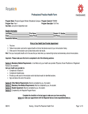 Fillable Online Clinical Pre-Placement Health Form PSW Woodstock Year 1 ...