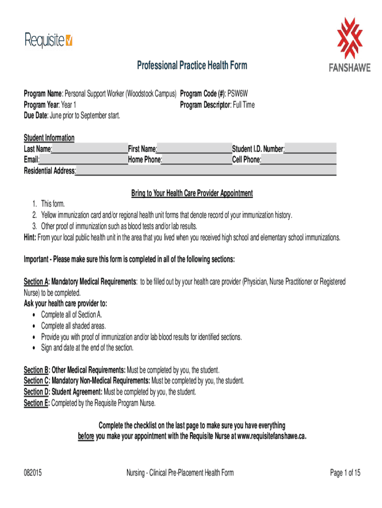 Fillable Online Clinical Pre-Placement Health Form PSW Woodstock Year 1 ...
