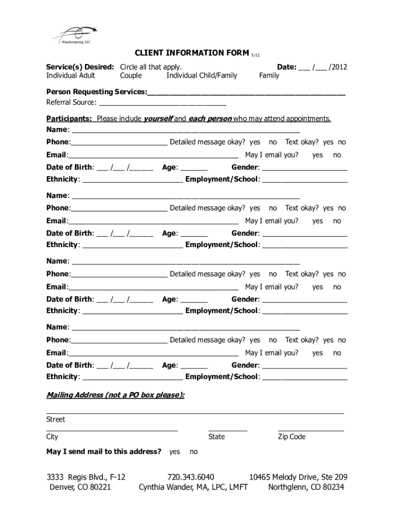 Fillable Online INDIVIDUAL ADULT INTAKE FORM - Wellness Centre Fax Email Print - pdfFiller