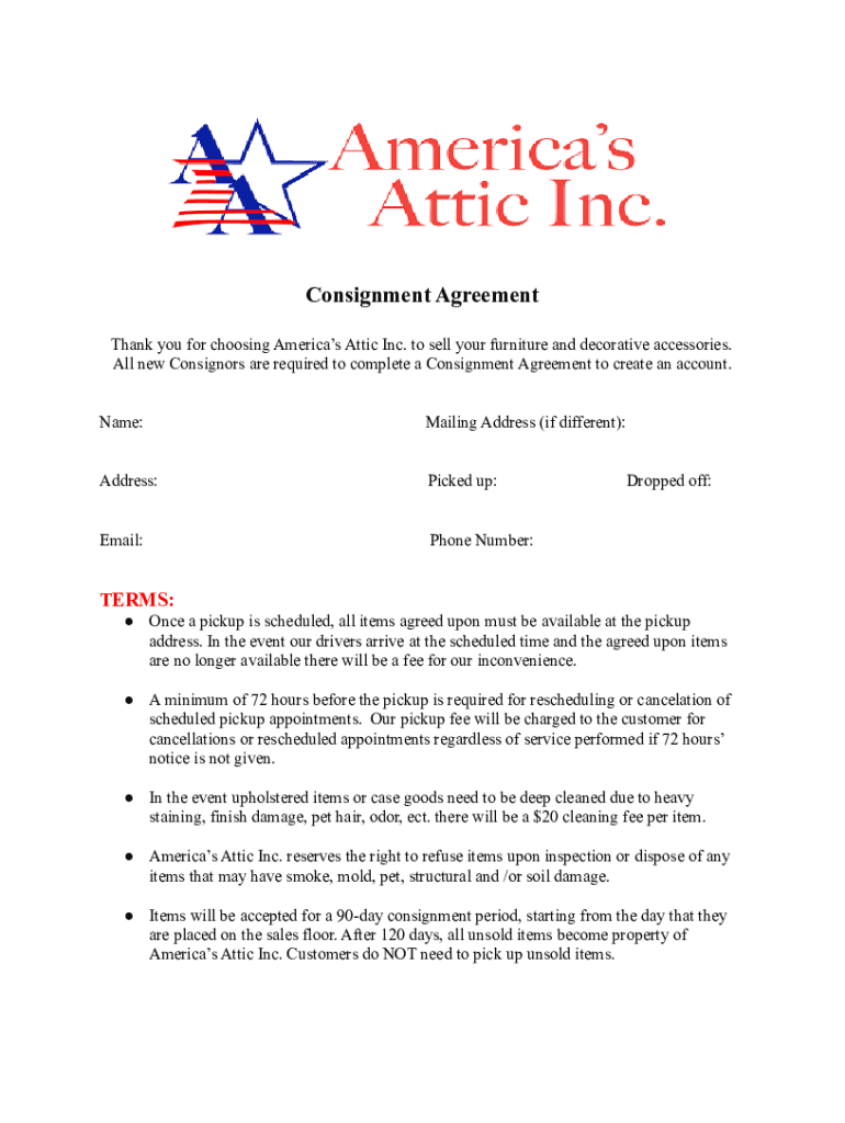 Fillable Online New Consignment Agreement - America's Attic Inc. Fax Email Print - pdfFiller