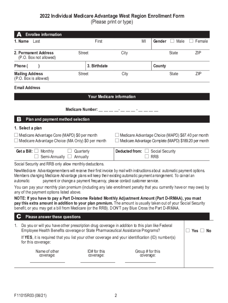 Fillable Online 2022 Blue Cross Medicare Advantage (PPO) West Region ...
