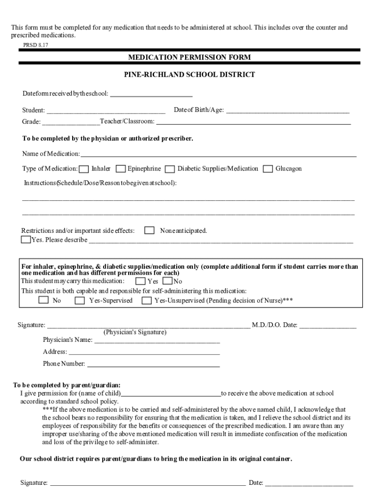 Fillable Online medication permission form pine- ... Fax Email Print ...