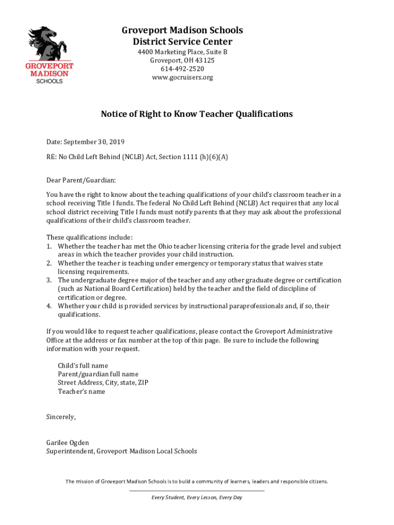 Fillable Online 20 SY Parent Notice Right to Know Teacher ...