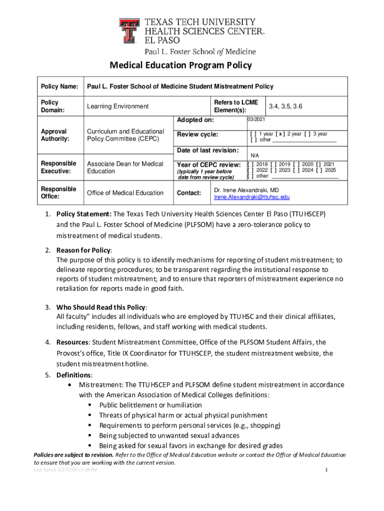 Fillable Online elpaso ttuhsc Department of Medical Education at the Paul L. Foster ... Fax ...