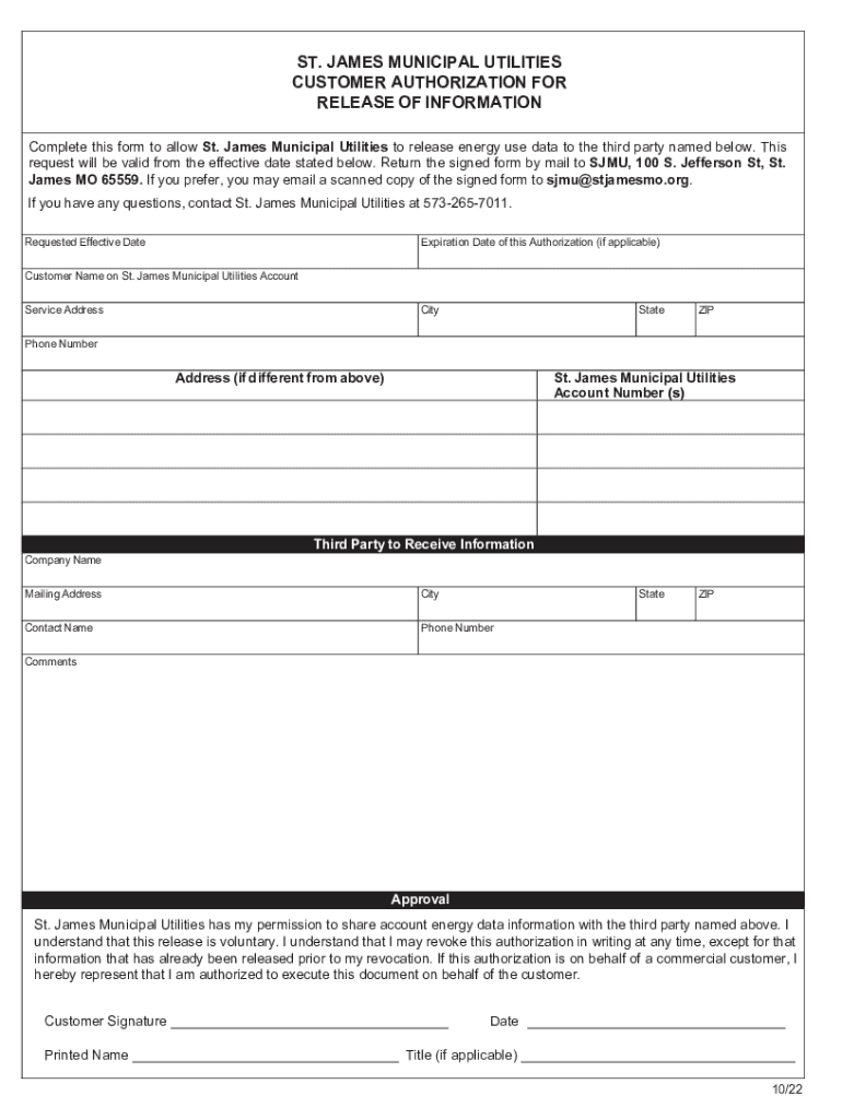 Fillable Online ST. JAMES MUNICIPAL UTILITIES CUSTOMER AUTHORIZATION ... Fax Email Print - pdfFiller