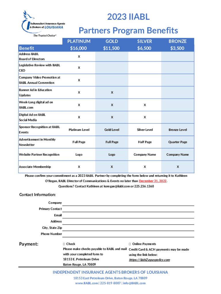 Fillable Online 2023 IIABL Partners Program Benefits & Form.xlsx Fax ...