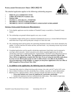 Fillable Online SCHOLARSHIP INFORMATION SHEET 2021-2022 SY Fax Email ...