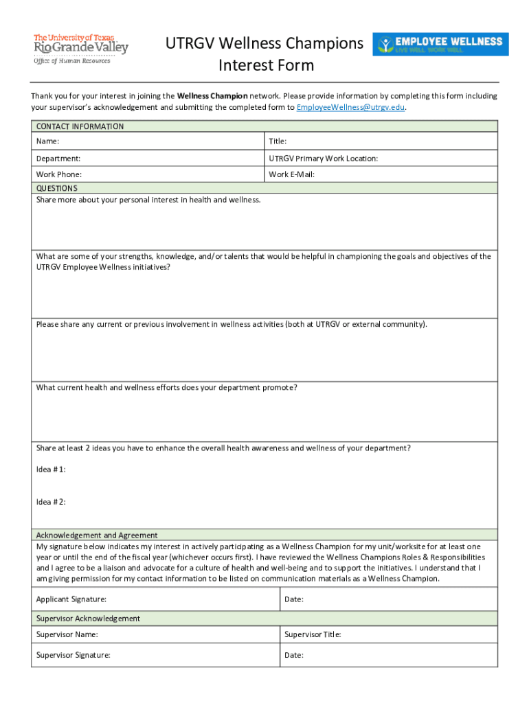 Fillable Online UTRGV Wellness Champions Interest Form Fax Email Print - pdfFiller