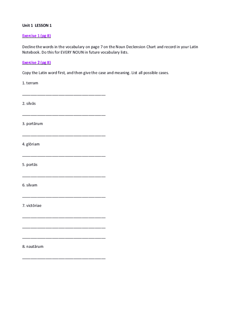 Fillable Online Introduction to nouns, first declension nouns, cases of ...