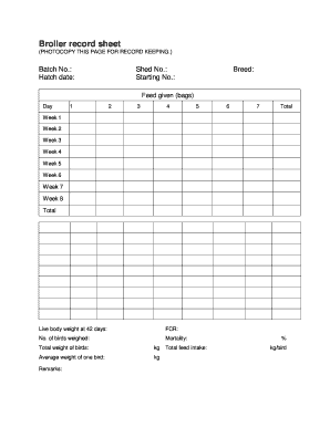 Fillable Online poultryhub Broiler record sheet - Poultry Hub Fax Email ...