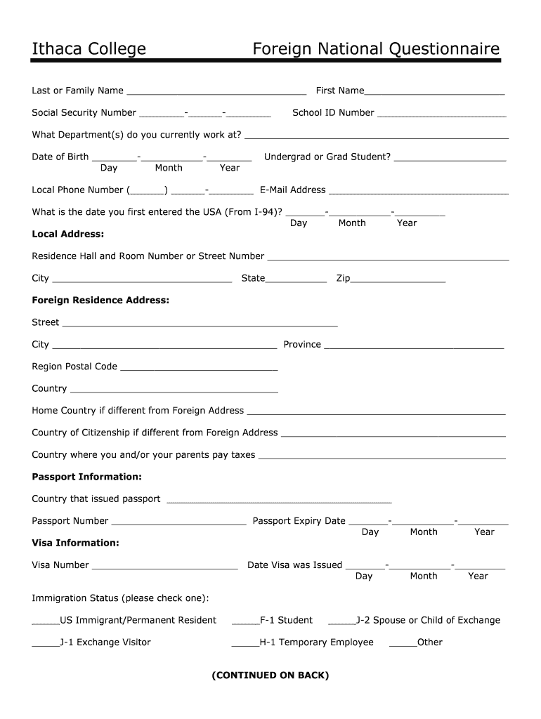 Fillable Online staff ithaca Ithaca College Foreign National ...