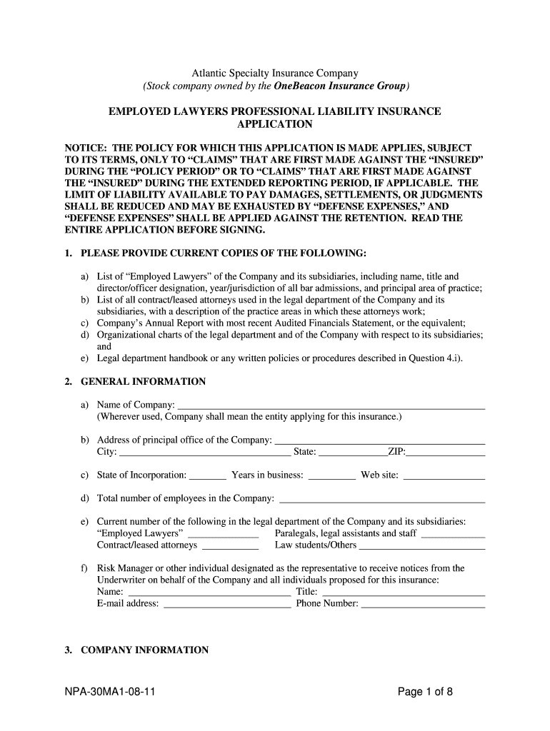 Fillable Online Employed Lawyers Professional Liability Application ...