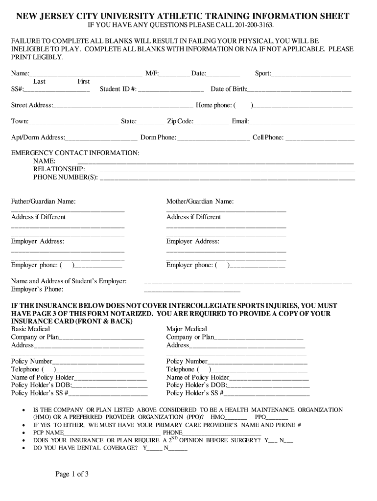 Fillable Online New jersey city university athletic training ...