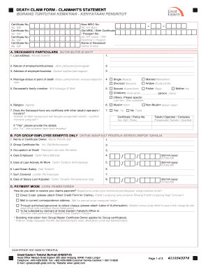 Fillable Online DEATH CLAIM FORM - CLAIMANT'S STATEMENT BORANG... Fax ...