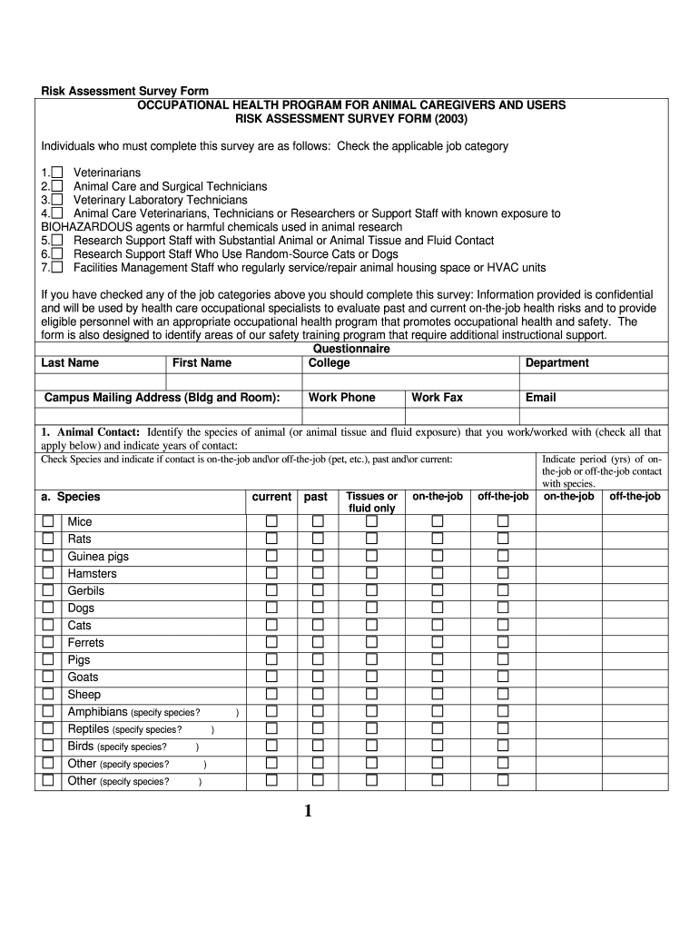 Fillable Online Risk Assessment Survey Form OCCUPATIONAL HEALTH ... Fax ...