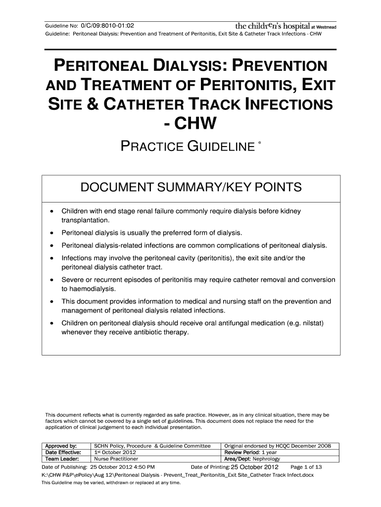 Fillable Online schn health nsw gov Peritoneal Dialysis Prevention and Treatment of Peritonitis ...