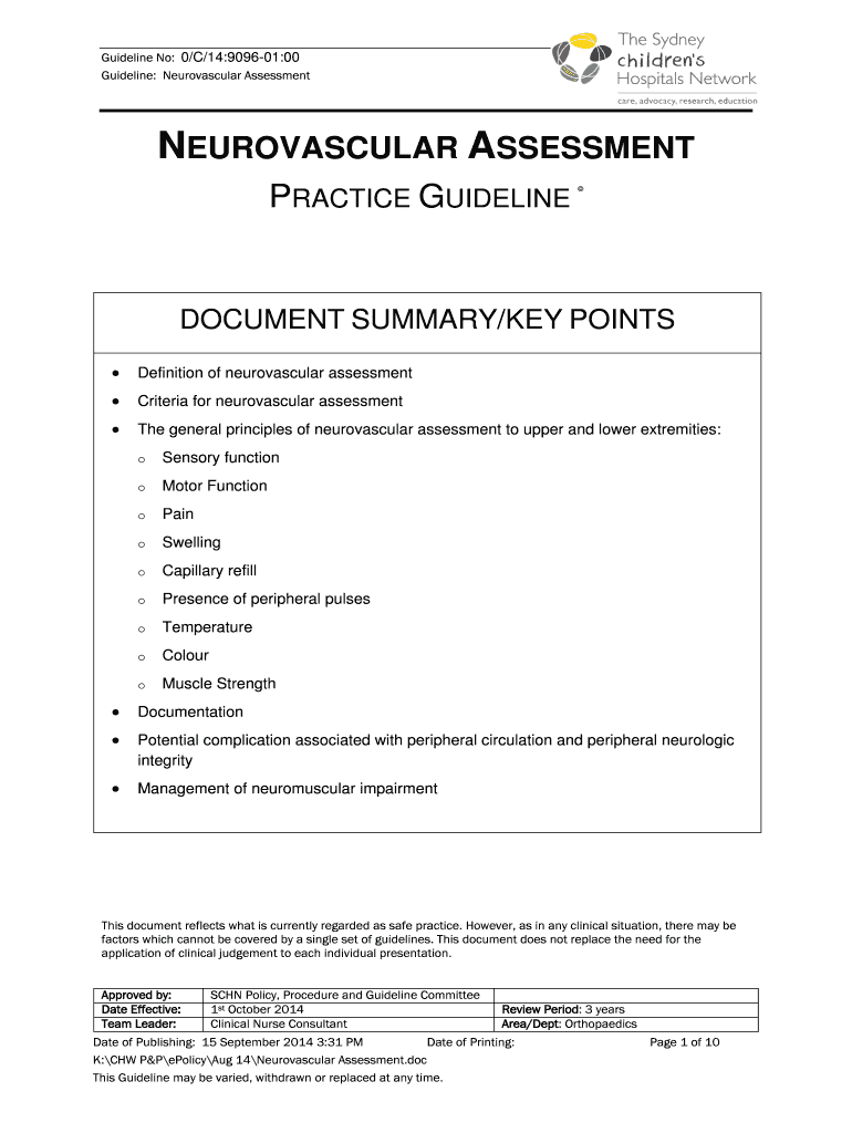 Fillable Online schn health nsw gov Neurovascular Assessment - The ...
