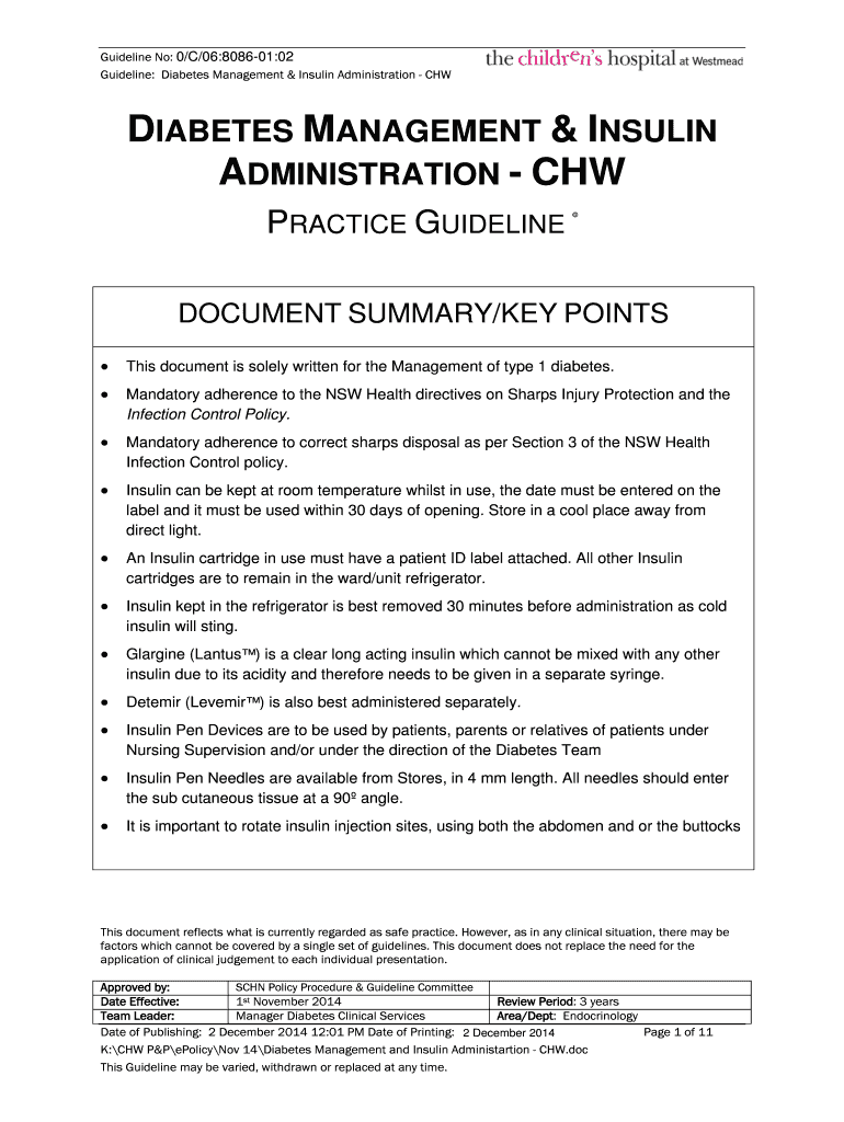 Fillable Online schn health nsw gov Diabetes Management and Insulin ...