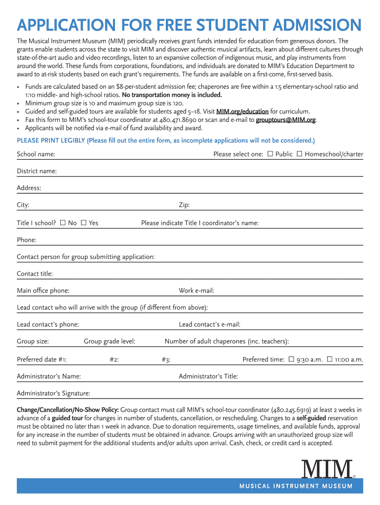 Fillable Online mim Application for free student admission - Musical ...