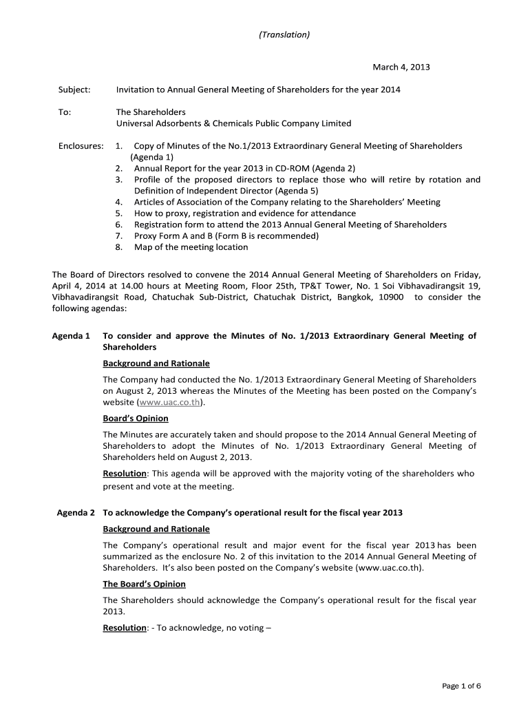 Fillable Online Invitation to Annual General Meeting of Shareholders ...