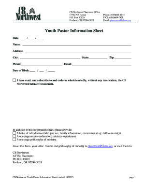 Fillable Online cbnw Youth Pastor Information Sheet - CBNorthwest Fax ...