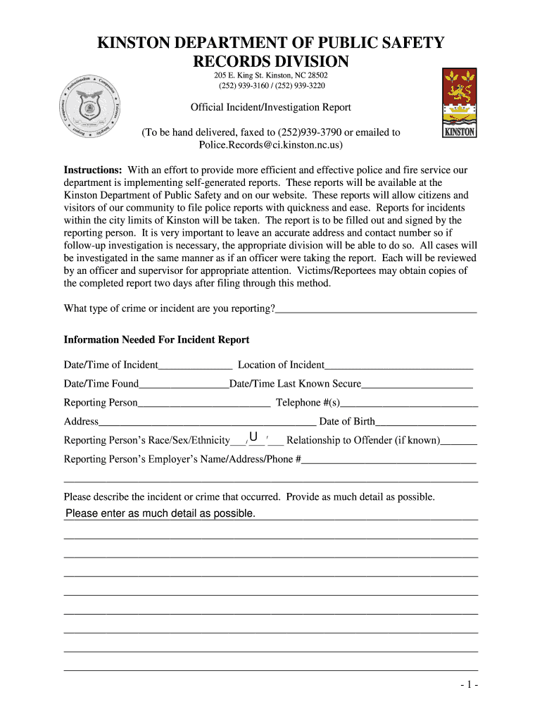 Fillable Online kinstonpd KINSTON DEPARTMENT OF PUBLIC SAFETY CRIMINAL ...