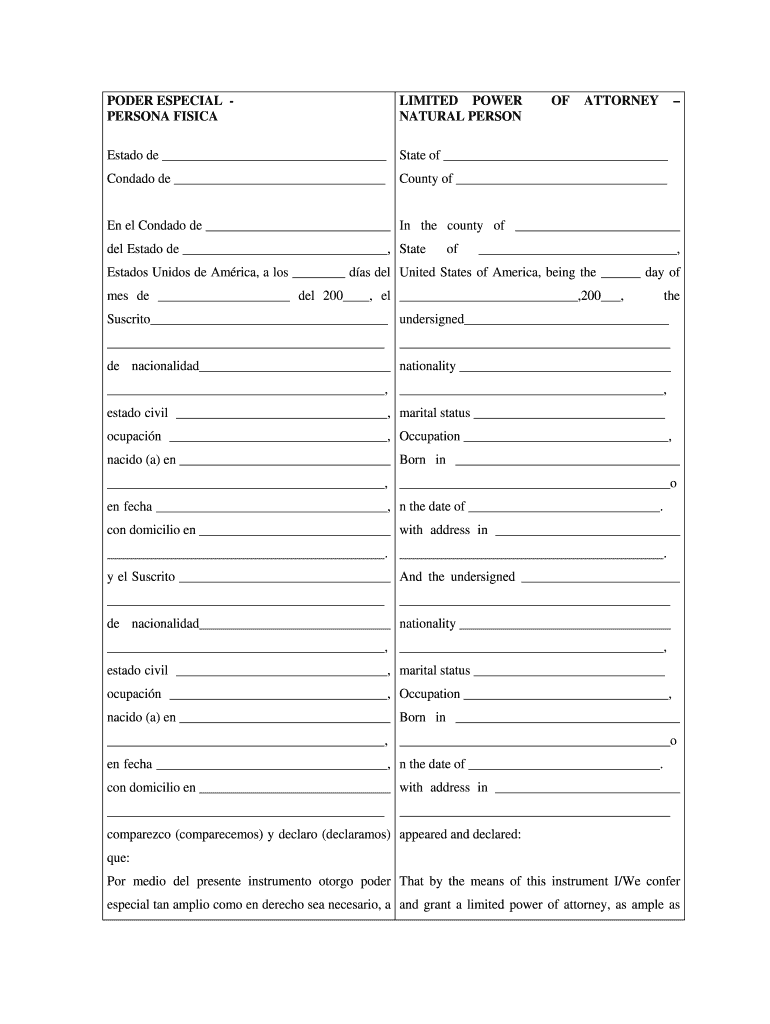 Fillable Online PODER ESPECIAL - LIMITED POWER OF ATTORNEY Fax Email ...