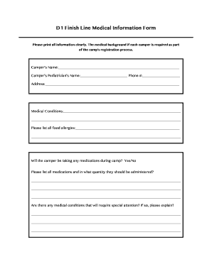 Fillable Online D1 Finish Line Medical Information Form Please print all information clearly Fax ...