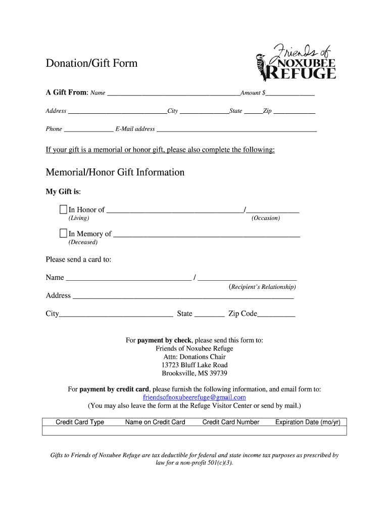 Fillable Online friends-of-noxubee-refuge Donation/Gift Form Fax Email ...