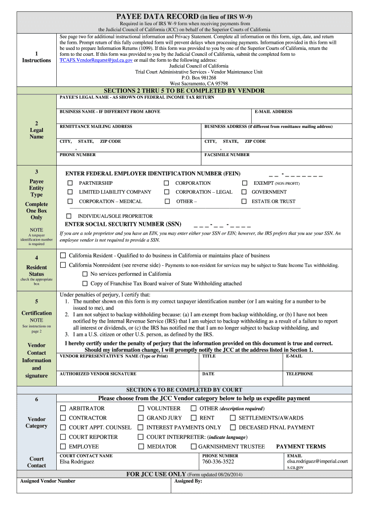 Fillable Online imperial courts ca PAYEE DATA RECORD (in lieu of IRS W9 ...