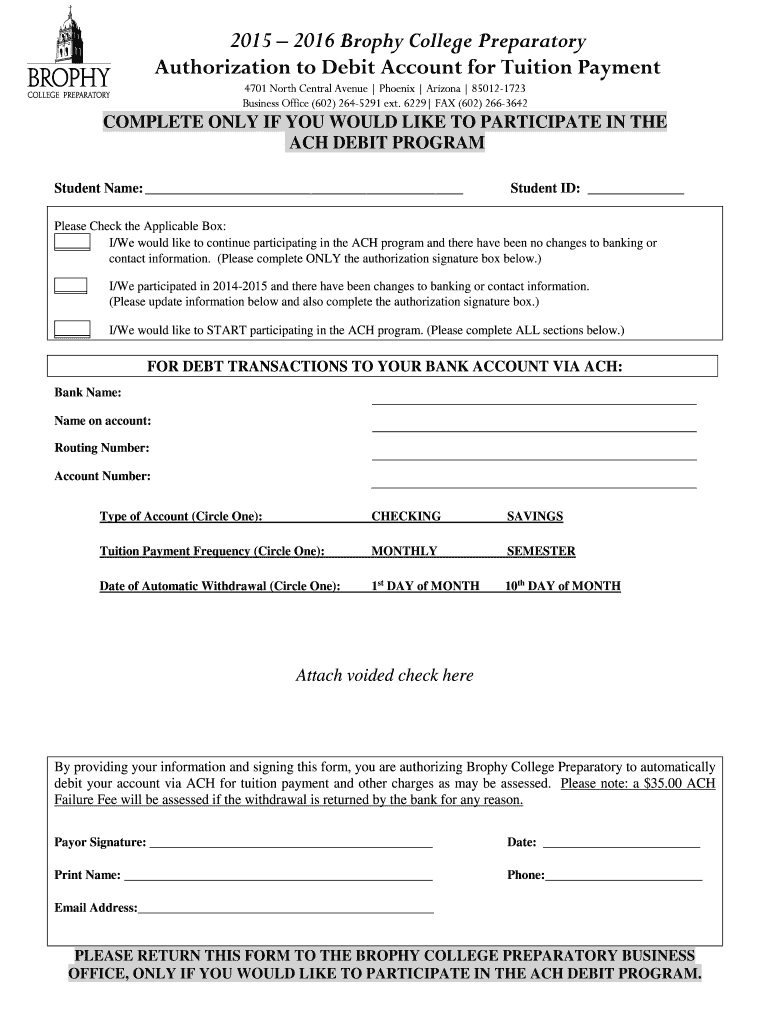 Fillable Online brophyprep Authorization to Debit Account for Tuition Payment bformb Fax Email ...