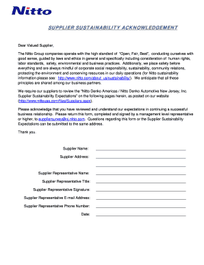 Fillable Online SUPPLIER SUSTAINABILITY ACKNOWLEDGEMENT - Nitto Denko ...