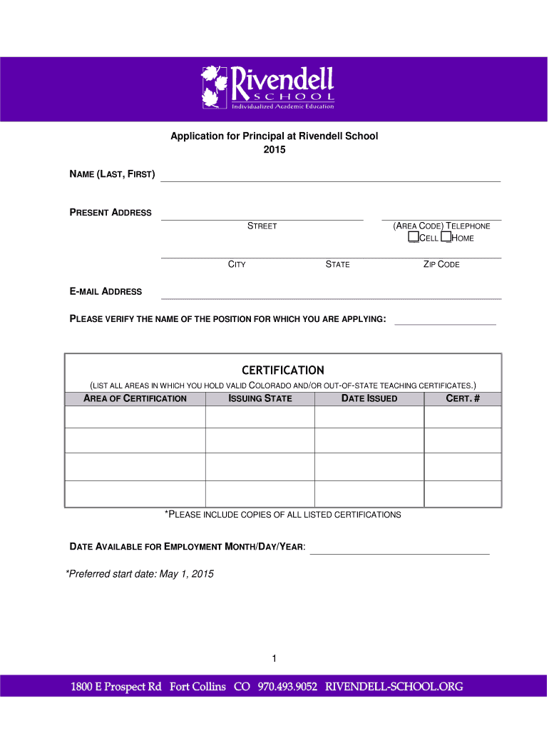 Fillable Online rivendell-school Application for Principal at Rivendell ...