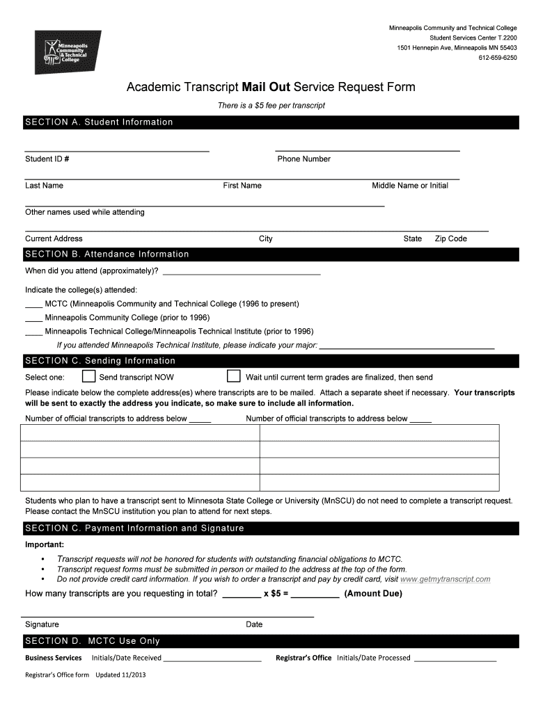 Fillable Online minneapolis Transcript Mail Out Request Form ...