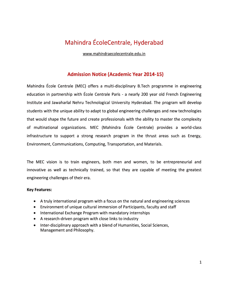 Fillable Online mahindraecolecentrale edu Admission Notice (Academic Year 201415 ...
