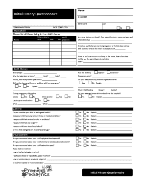 Fillable Online Initial History Questionnaire - Premier Pediatrics Fax ...